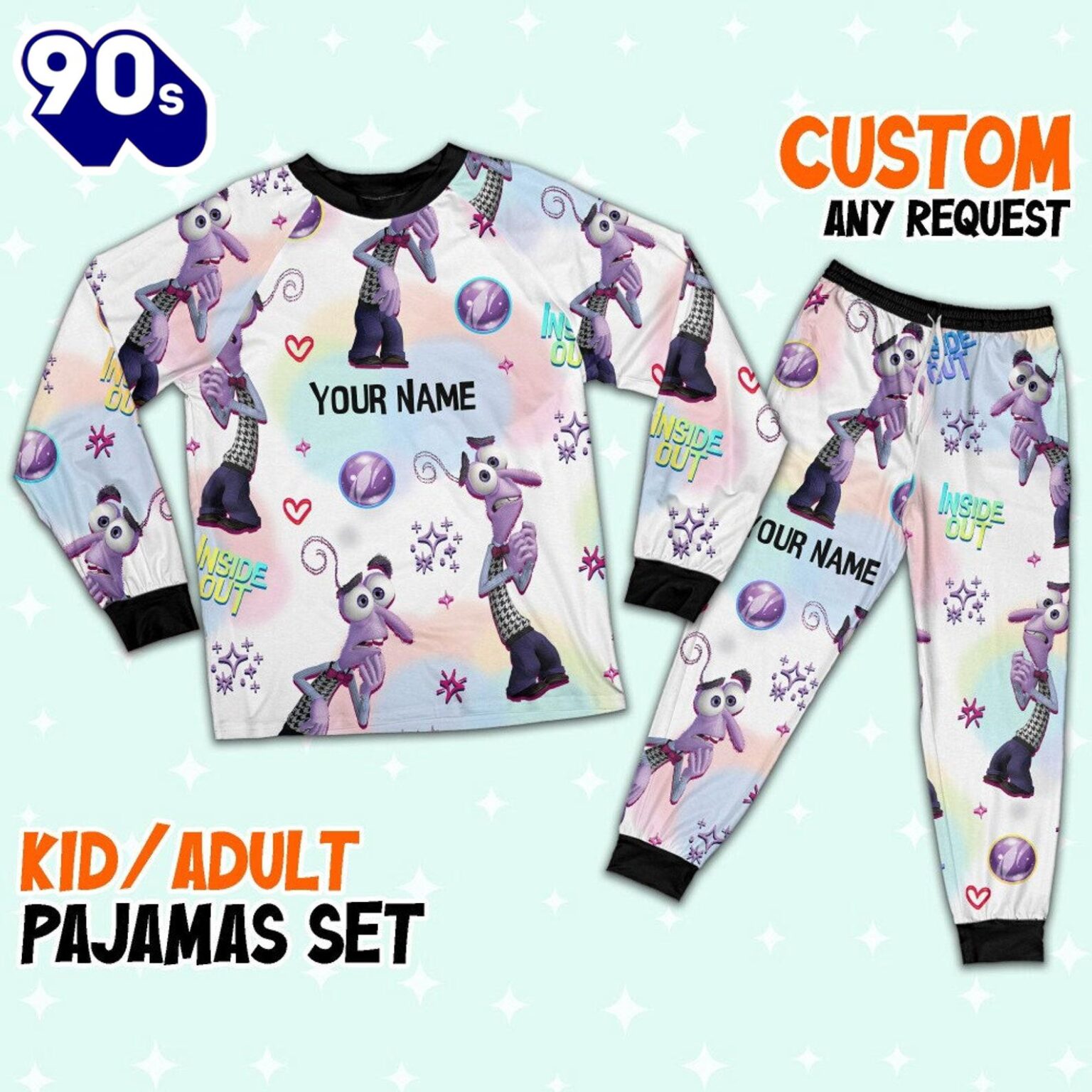 Custom Disney Inside Out Fear Purple Color Pajamas Set - Movie Cartoon ...