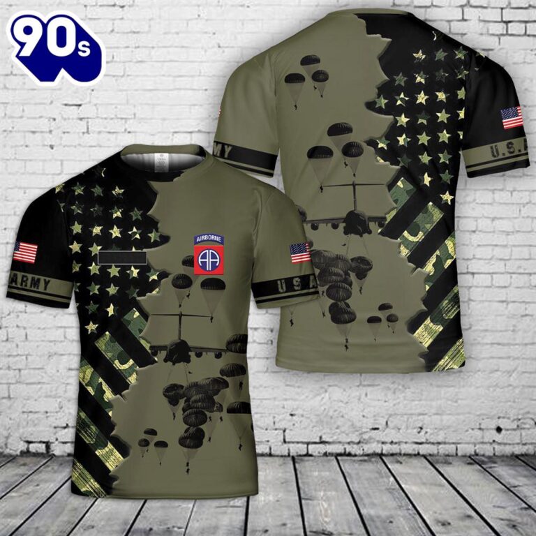 Custom Name US Army Paratroopers With The 82nd Airborne Division Parachute 3D T-Shirt - Musicdope90s